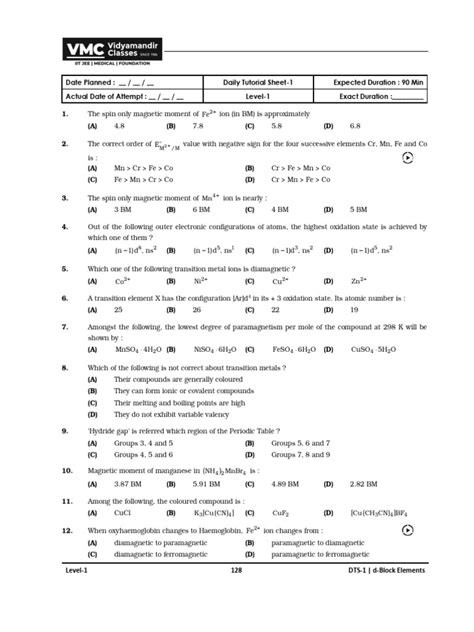 D Block Elements Dts 1 Pdf Transition Metals Chemical Compounds