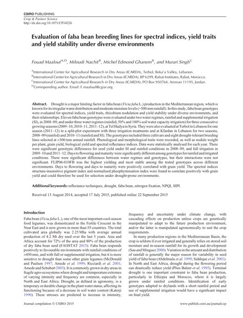 PDF Evaluation Of Faba Bean Breeding Lines For Spectral Indices Yield Traits And Yield