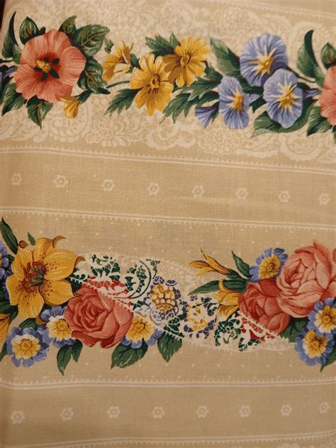 Pink Blue And Yellow Floral Border Fabric With Cream Background Fabric By