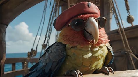 Premium Photo Pirate Parrot Wearing A Red Hat And Sunglasses On A Ship