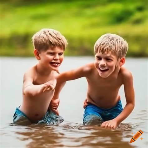 Boys Having Fun In A River On Craiyon