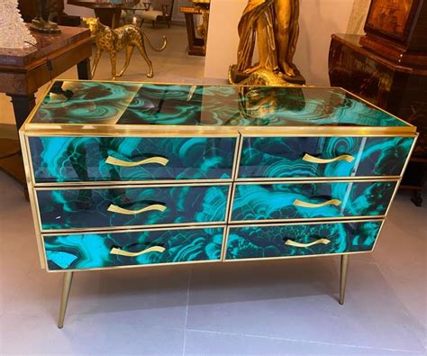 Midcentury Style Brass And Malachite Colored Murano Glass Commode 2020