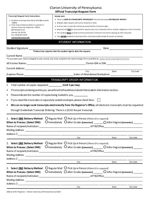 2020 2025 Clarion University Of Pennsylvania Official Transcript Request Form Fill Online