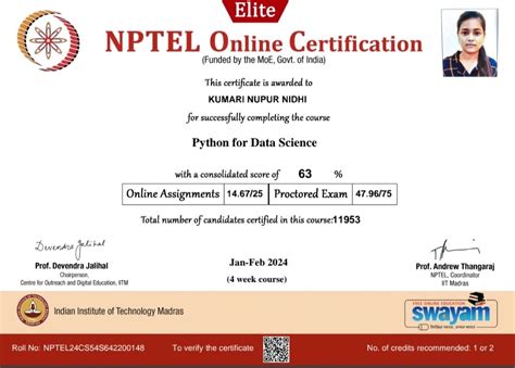 Nptel Pythonfordatascience Elitebatch Achievement Datascience Learning Nupur Nidhi