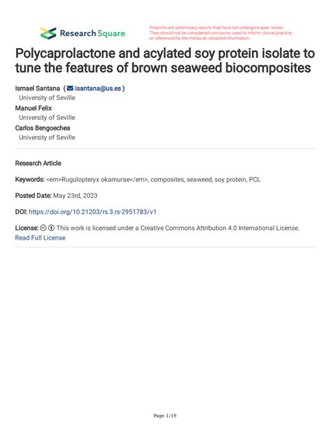 Pdf Polycaprolactone And Acylated Soy Protein Isolate To Tune The