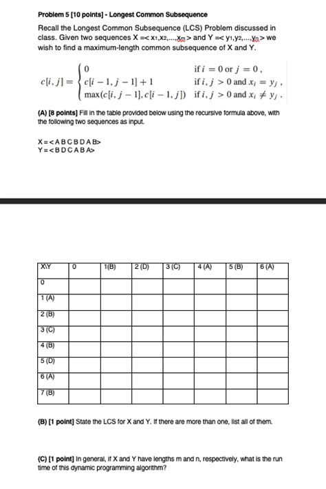 solved recall the longest common subsequence lcs problem