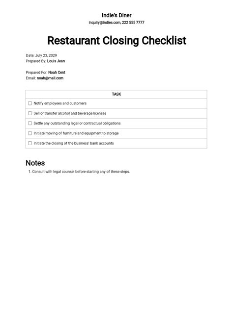 Restaurant Opening And Closing Checklist Template