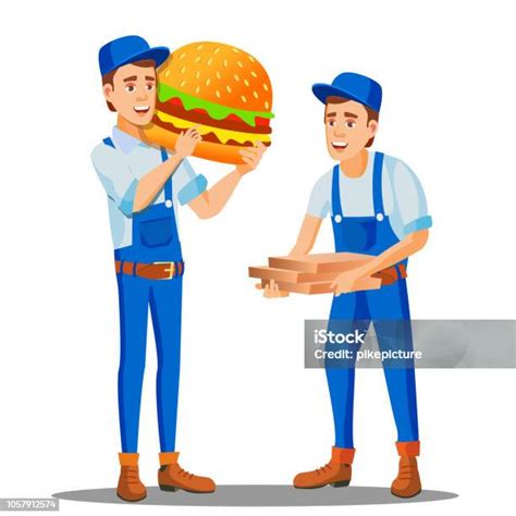 피자 패스트 푸드 배달 남자 제복 및 피자 상자 거 대 한 햄버거에 손에 벡터 고립 된 그림 교통수단에 대한 스톡 벡터 아트 및 기타 이미지 Istock