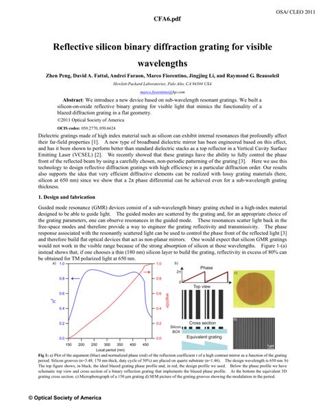 Pdf Reflective Silicon Binary Diffraction Grating For Visible Wavelengths