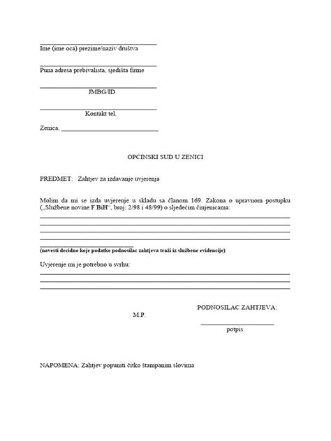 Zahtjev Za Izdavanje Uvjerenja Dr Svrhe Pdf