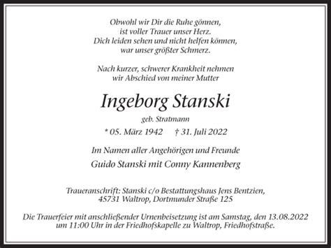 Traueranzeigen Von Ingeborg Stanski Sich Erinnern De