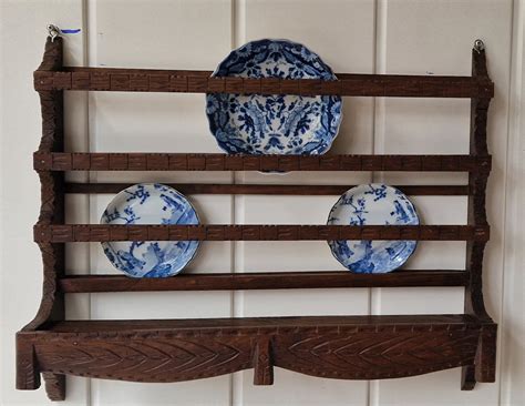 Antique Oak Hanging Plate Rack Wall Shelves 1880s Plate Rack Wall