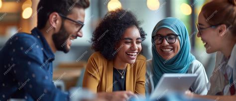 Premium Photo Empowered Multicultural Employees Utilizing Tablets For