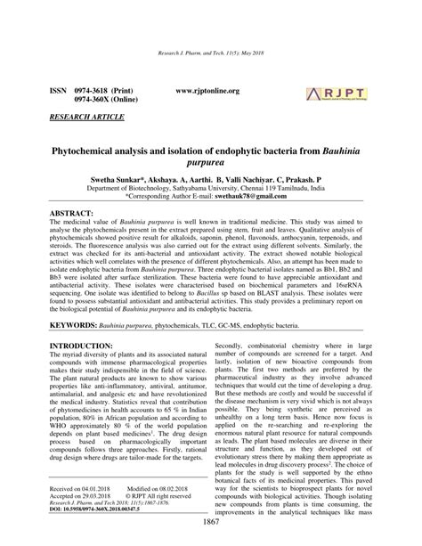 Pdf Phytochemical Analysis And Isolation Of Endophytic Bacteria From