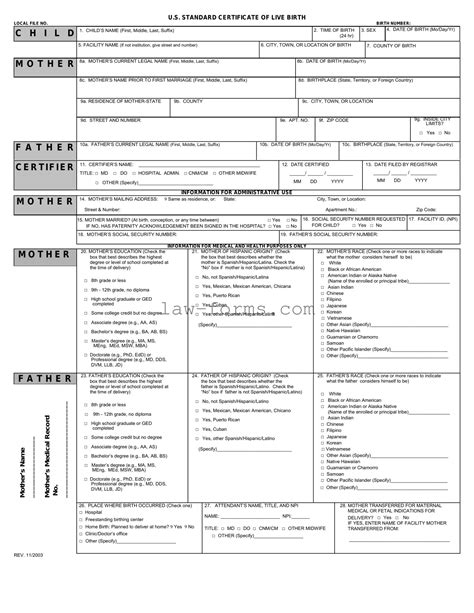 Free Cdc U S Standard Certificate Of Live Birth Template Legal Forms