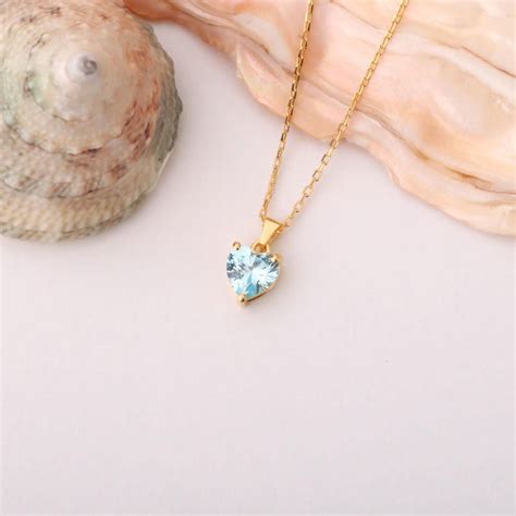 Aquamarine Heart Necklace 14k 10k 8k Solid Gold March Birthstone