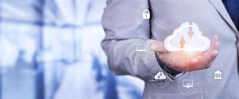 Man Use Laptop With Cloud Computing Diagram Show On Hand Cloud Technology Data Storage Stock