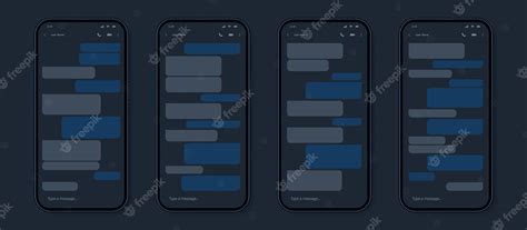 메신저 채팅 화면 야간 모드가 있는 스마트폰 Sms 템플릿 거품 세트 벡터 그림 프리미엄 벡터