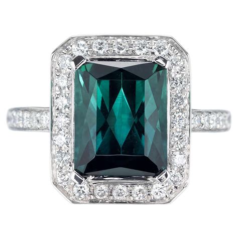 365 Carat Green Tourmaline Diamond Halo Gold Engagement Ring For Sale