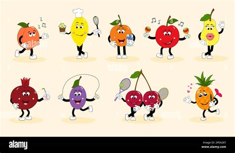 Set Of Cartoon Fruit Characters Vector On Isolated Background Stock