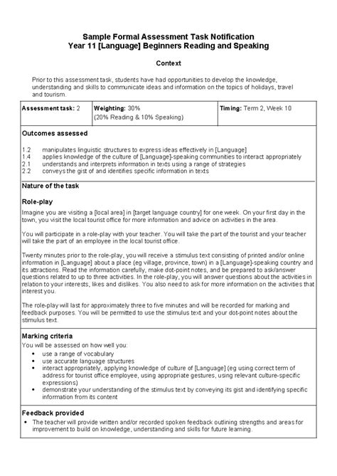 Language Beginners S6 Year 11 Sample Formal Assessment Task Reading And