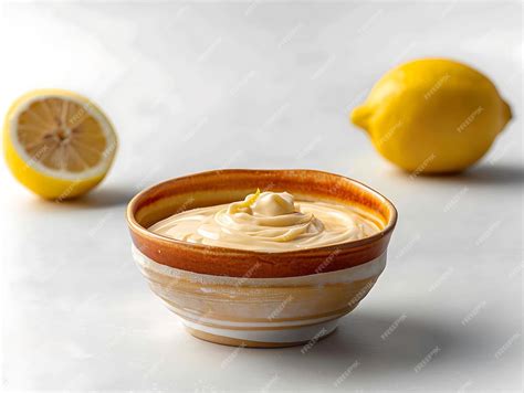 There Is A Bowl Of Mayonna With Lemons In The Background Premium Ai
