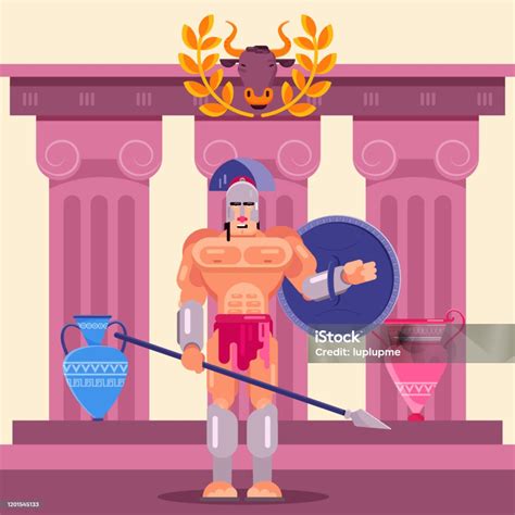 방패 벡터 일러스트 플랫 갑옷검투사 전사 전투기 그리스 로마 의 역사적 인물 남자 무기입니다 고대 그리스 또는 로마 콜론 암포라스 Empire에 대한 스톡 벡터 아트 및