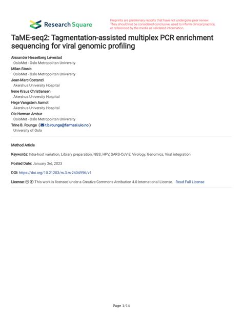 Pdf Tame Seq2 Tagmentation Assisted Multiplex Pcr Enrichment