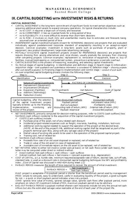 Me 9 Capital Budgeting With Investment Risks And Returns M A N A G E R