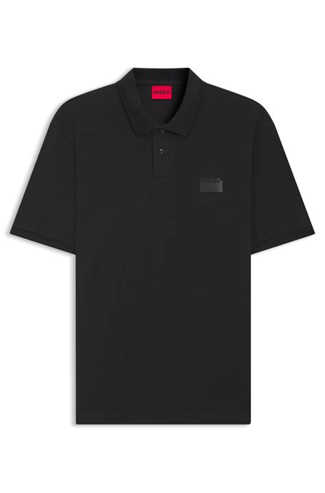 Hugo Split Logo Relaxed Fit Polo Shirt In Cotton Piqué Black