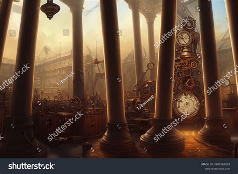 Steampunk Workshop Leaning Columns Clockwork Machines Stock