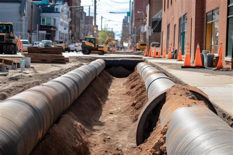 Laying Sewer Pipes In The City Installation Of Underground