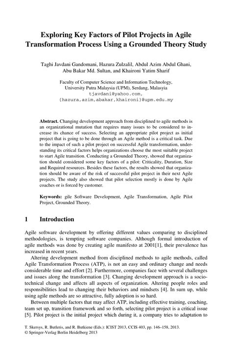 Pdf Exploring Key Factors Of Pilot Projects In Agile Transformation Process Using A Grounded