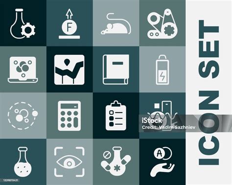 원자 기본 기하학적 모양 배터리 실험 마우스 그래프 차트 인포그래픽 화학 공식 테스트 튜브 및 과학 책 아이콘을 설정합니다 벡터