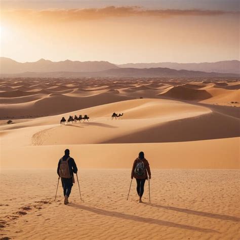 A Group Of People Walking Through The Desert With Camels In The