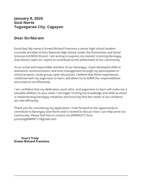 Application Letter Example For Work Immersion In Barangays Pdf