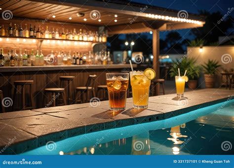 Outdoor Pool Bar At Night Luxury Resort Travel Lifestyle Royalty Free