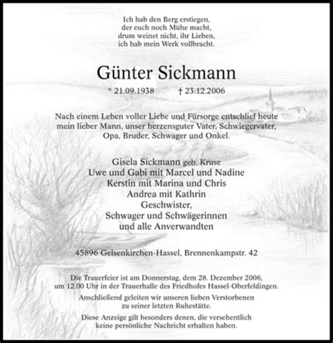 Traueranzeigen Von Günter Sickmann Trauer In Nrw De