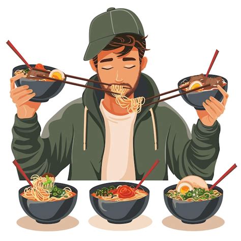 Premium Vector A Man Is Eating Food With Chopsticks And A Plate Of