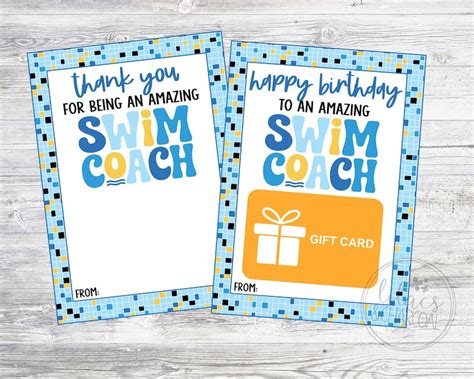 Printable Swim Coach Birthday And Thank You T Card Holders Instant