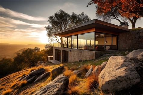 Premium Photo A House On A Hill With A Sunset In The Background