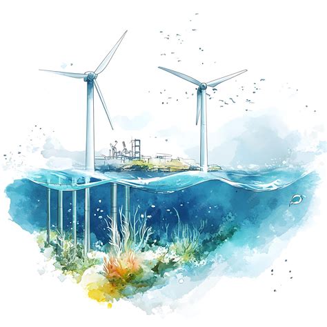 Wind Turbines And Coral Reefs A Watercolor Illustration Of Renewable Energy And Ocean Life