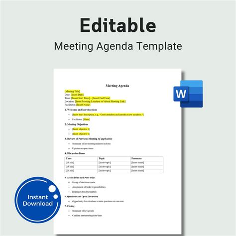 Editable Meeting Agenda Template Word File Etsy