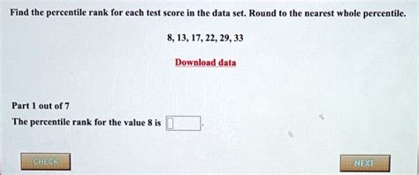 solved find the percentile rank for each test score in the data set