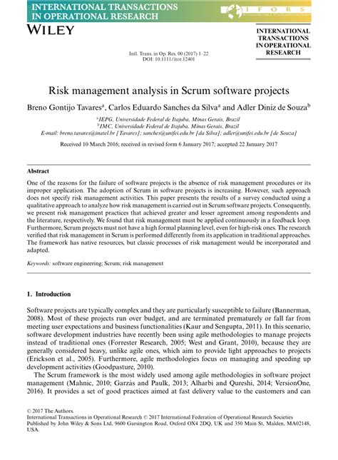 Pdf Risk Management Analysis In Scrum Software Projects