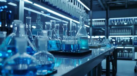 Laboratory Glassware With Blue Liquid In High Tech Research Facility