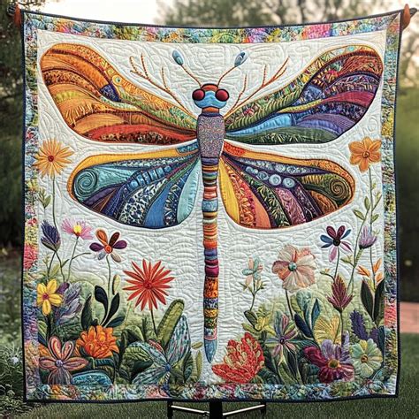 Dragonfly Quilt Patchwork Colorful Dragonfly And Flower Quilt