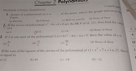 Chapter 2 Multiple Choice Questions 1 Zeroes Of A Polynomial P Y Is