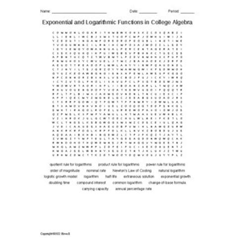 Exponential And Logarithmic Functions In College Algebra Vocabulary Word Search Amped Up Learning