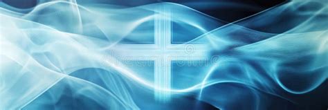 Futuristic Blue And White Abstract Background With Glowing Waveforms And A Cross Shaped Medical